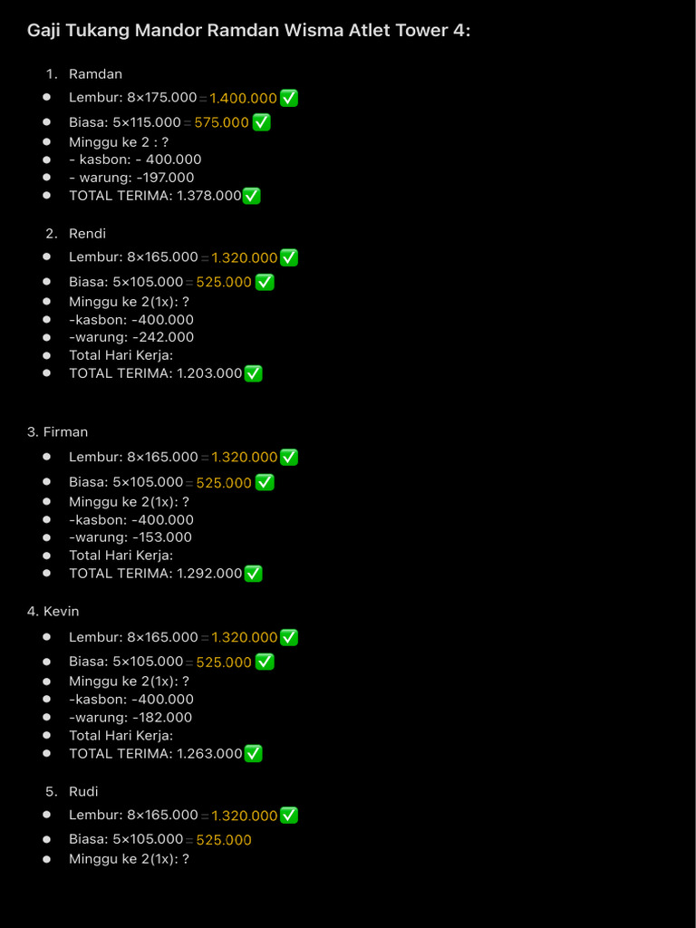 Gaji Tukang Mandor Ramdan Wisma Atlet Tower 14 | PDF