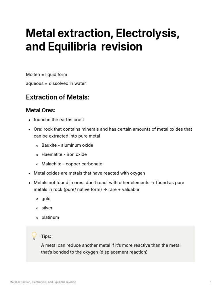 Metal Extraction, Electrolysis, Dynamic Equilibrium | PDF | Oxide | Ion