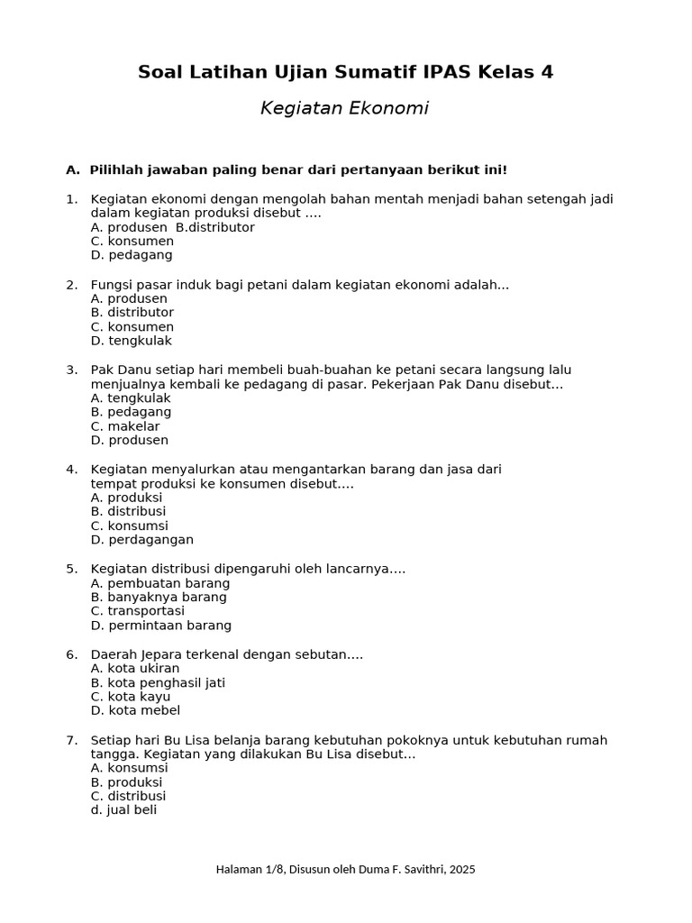 Latihan Sumatif IPAS Kelas 4 - Kegiatan Ekonomi | PDF
