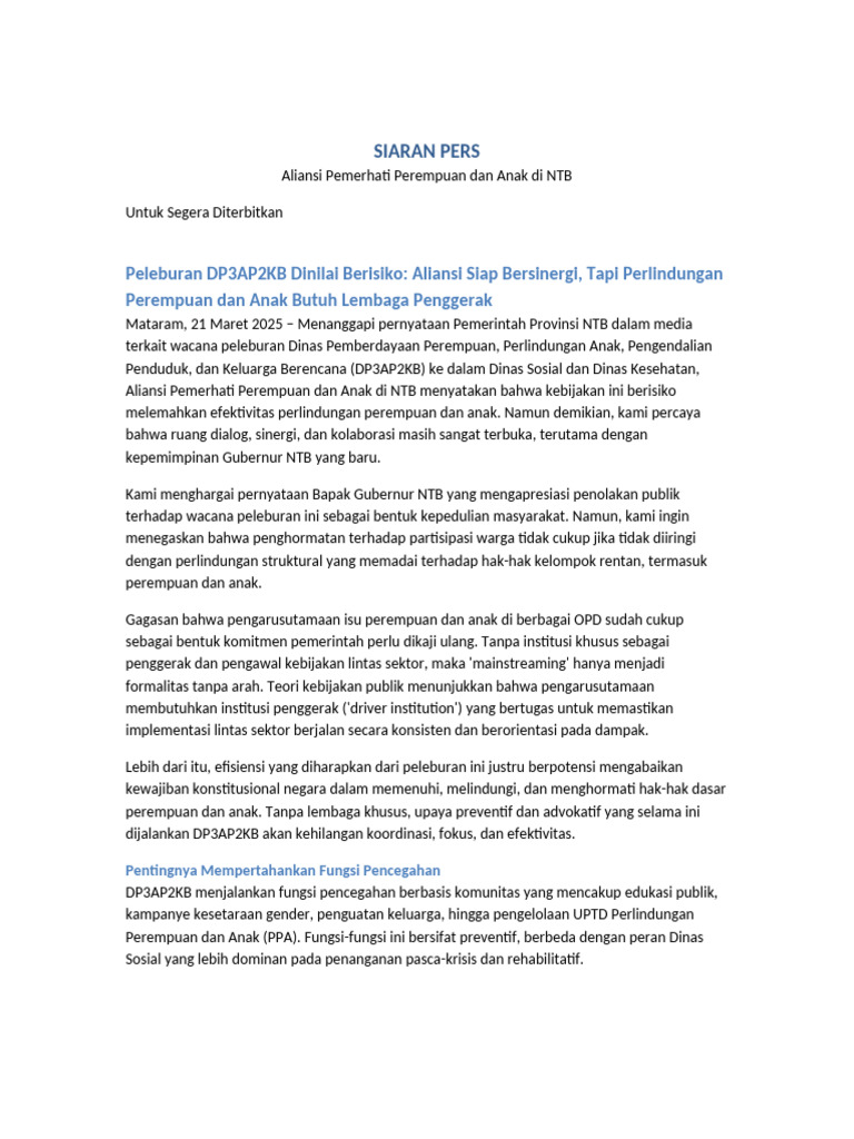 Siaran Pers FINAL - Aliansi Pemerhati Perempuan Dan Anak Di NTB | PDF