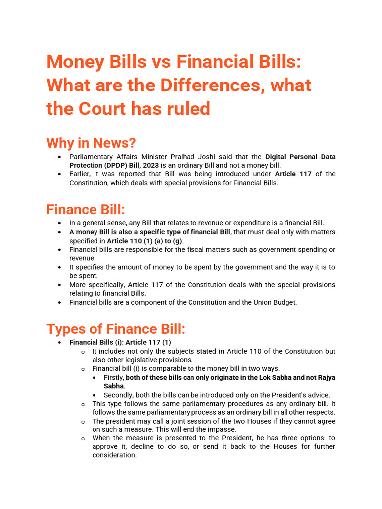 Money Bills vs Financial Bills Explained | PDF | Public Law | Governance
