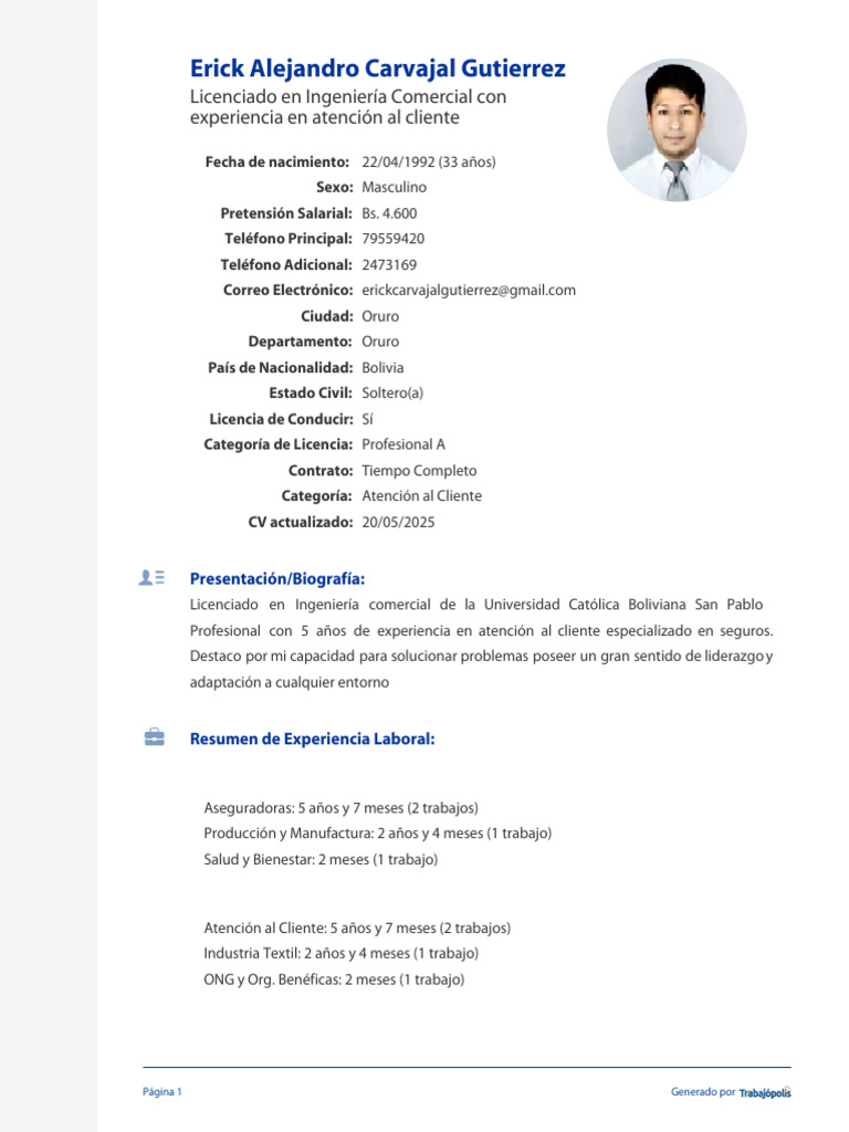 CV Erick Carvajal: Atención al Cliente | PDF | Bolivia | Seguro