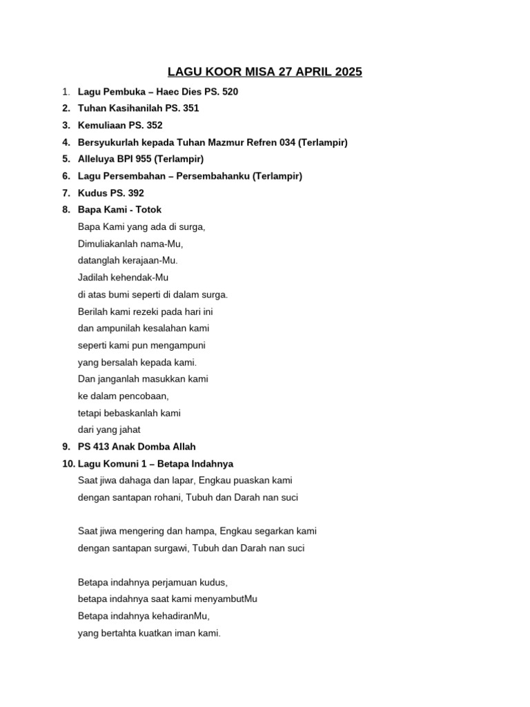 Teks Lagu Koor 27 April 2025 Untuk Lat Koor | PDF