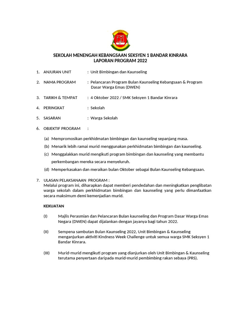 Laporan Program Bulan Kaunseling & Dwen 2022 | PDF