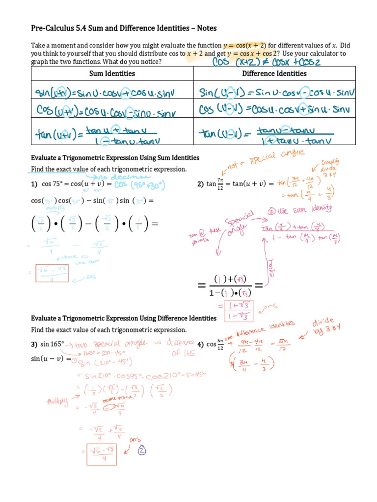 5.4 Sum and Difference Identities Notes | PDF | Trigonometric Functions ...