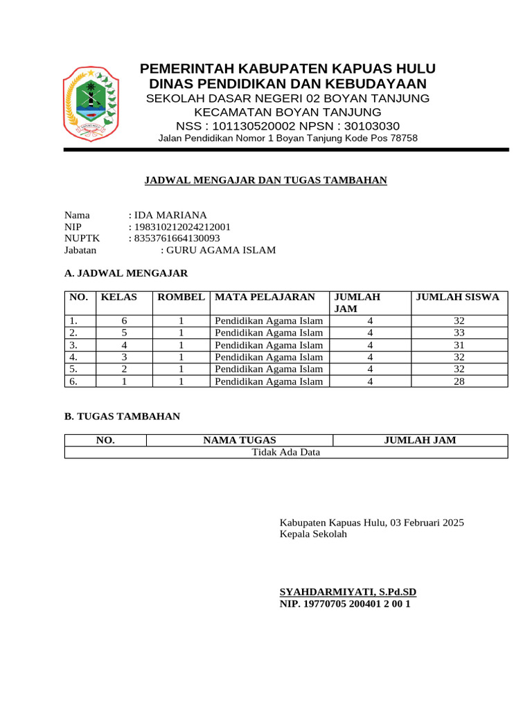 Jadwal Mengajar Dan Tugas Tambahan Pdf