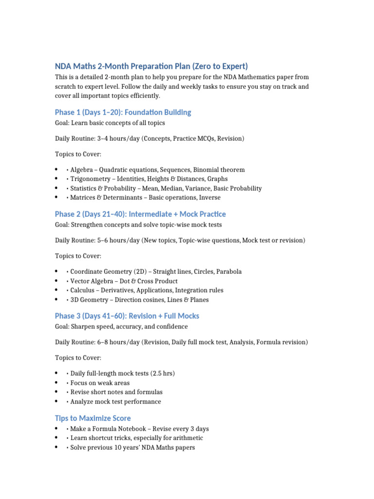 NDA Maths 2 Month Plan | PDF