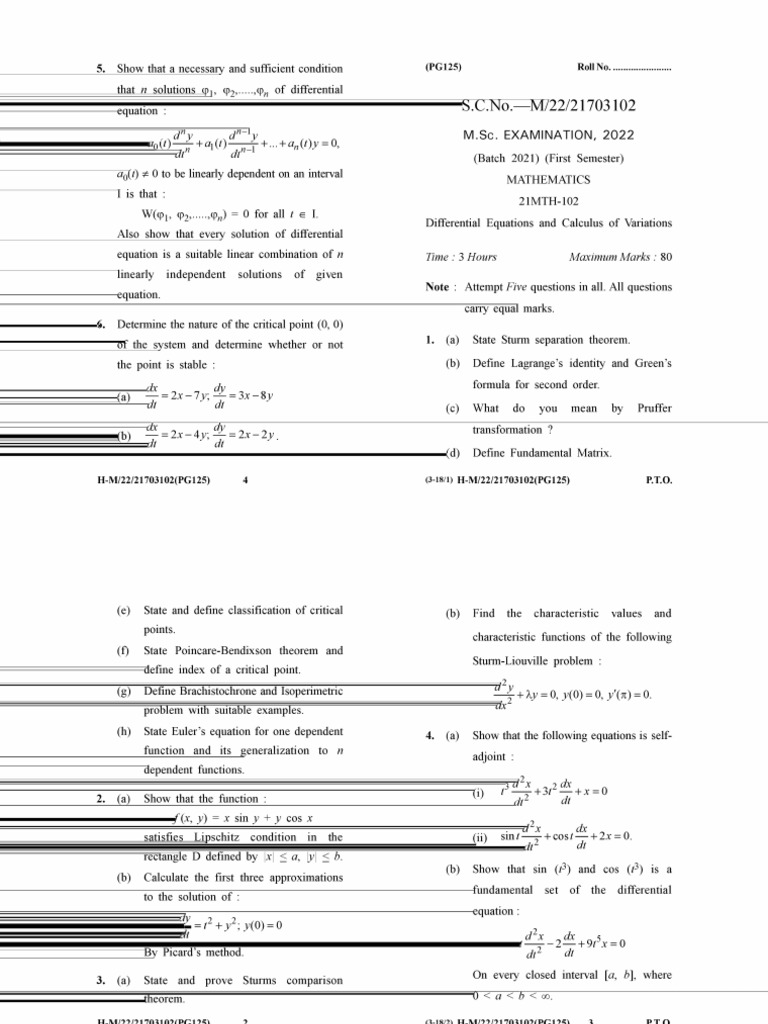 MSC 1 Sem Mathematics Differential Equations and Calculus of Variations 21703102 2022 | PDF