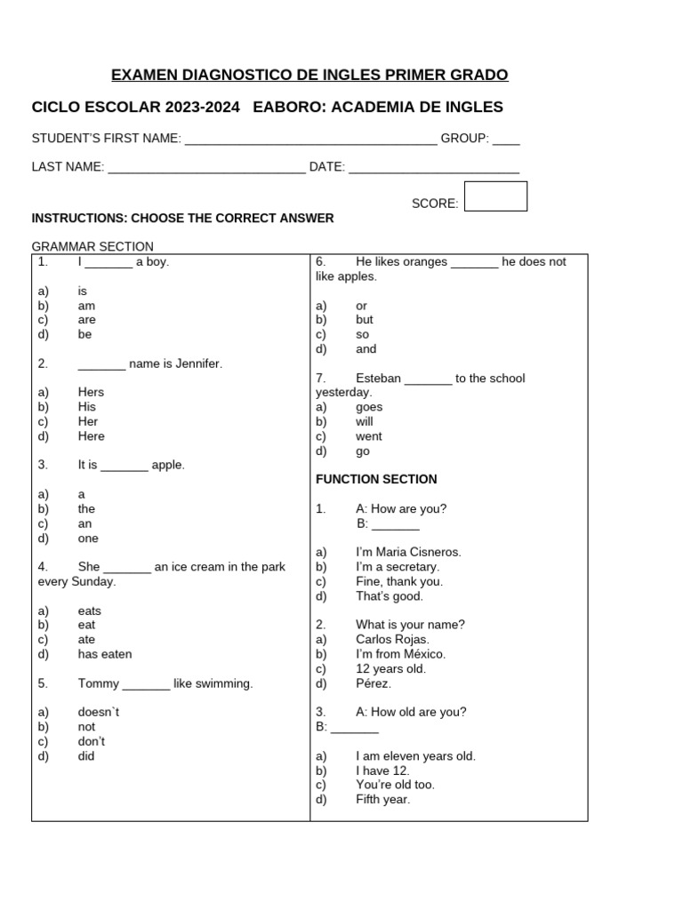 Diagnostico Ingles Primero 2023-2024 | PDF | Fruit | Edible Fruits