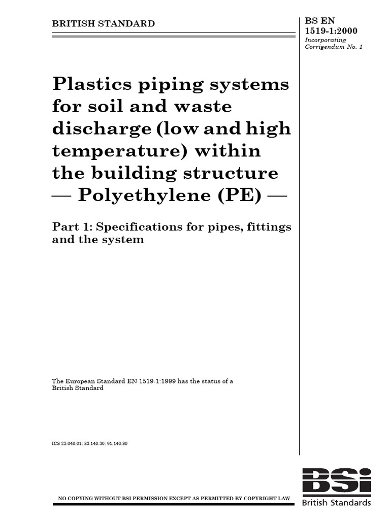 BS EN 1519-1 2000 Plastics Piping Systems For Soil - Waste Within Building structure-PE | PDF ...