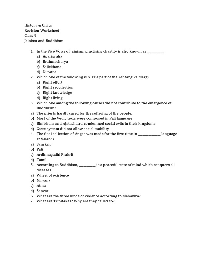 Buddhism and Jainism Revision Worksheet | PDF