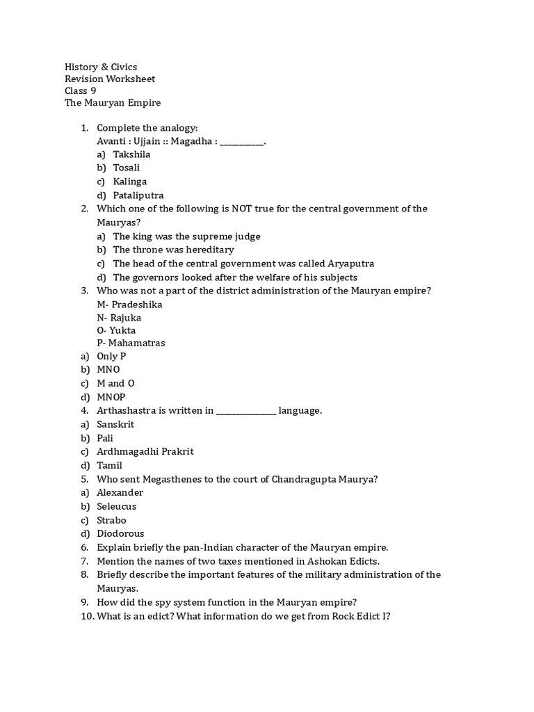 Mauryan Empire Revision Worksheet | PDF