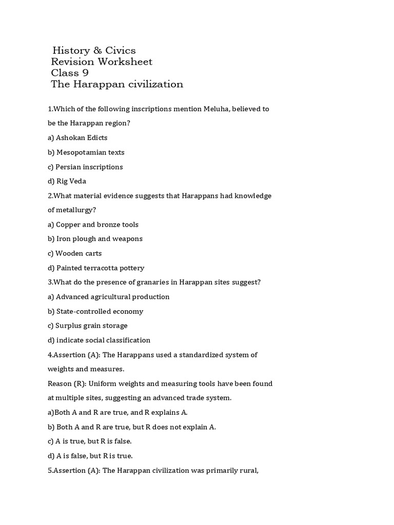 Revision Worksheet - Harappan Civilization | PDF