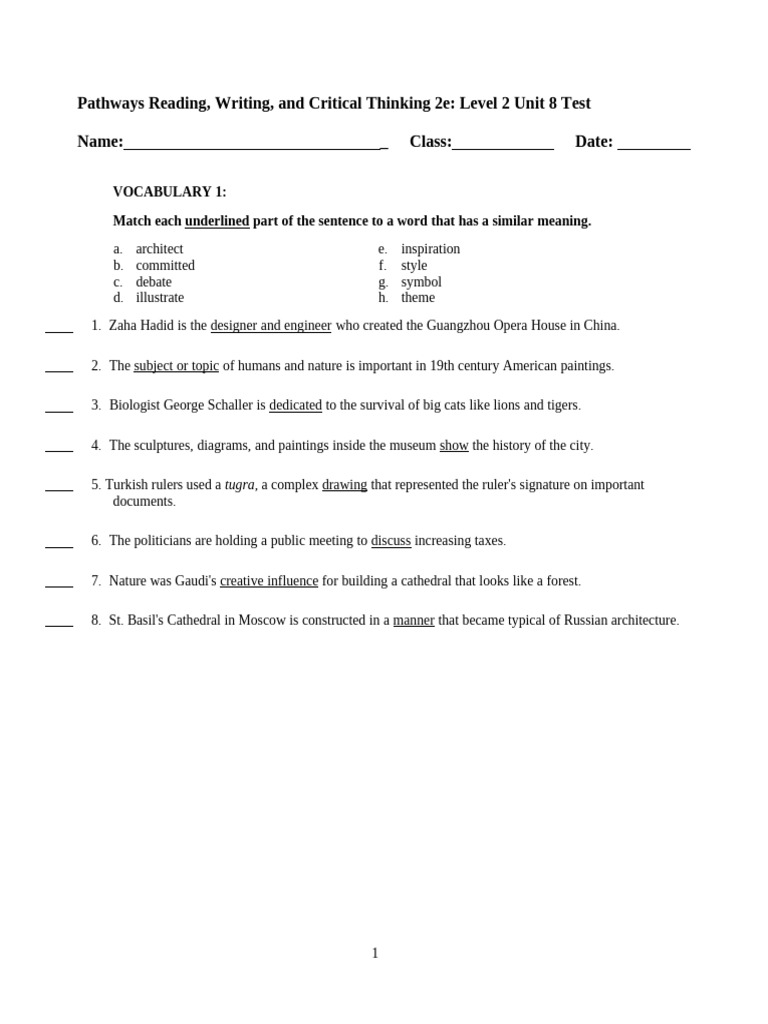 Pathways rw2 2e U8 Test | PDF