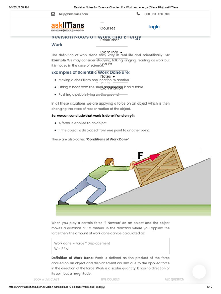 Revision Notes for Science Chapter 11 - Work and energy (Class 9th ...