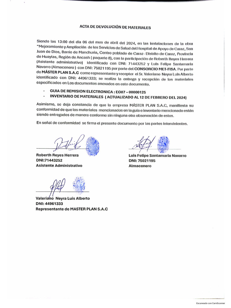 Acta de Devolucion de Materiales Master Plan 06-04-2024 | PDF