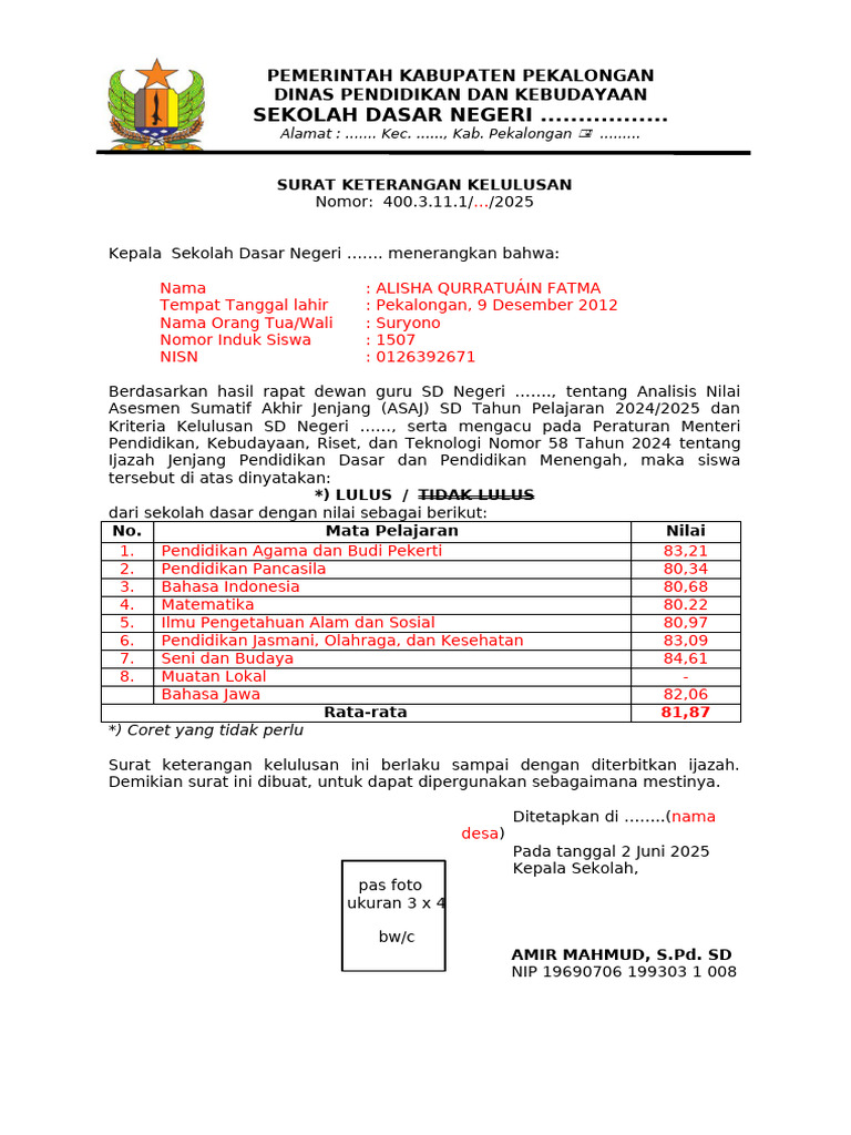 Contoh Surat Keterangan Kelulusan | PDF