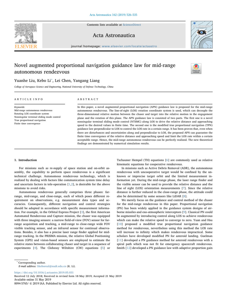 Novel augmented proportional navigation guidance law for mid-range autonomous rendezvous | PDF ...