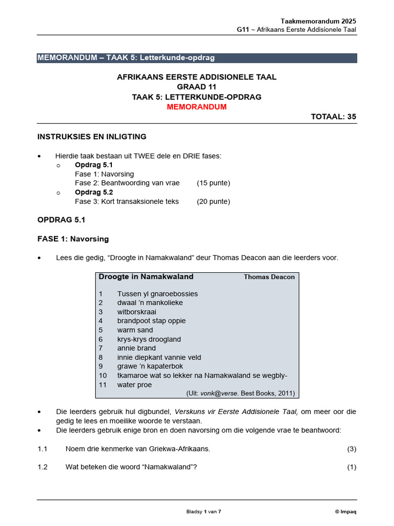 Afrikaans Eerste Addisionele Taal Graad 11 Taak 5: Letterkunde-Opdrag ...
