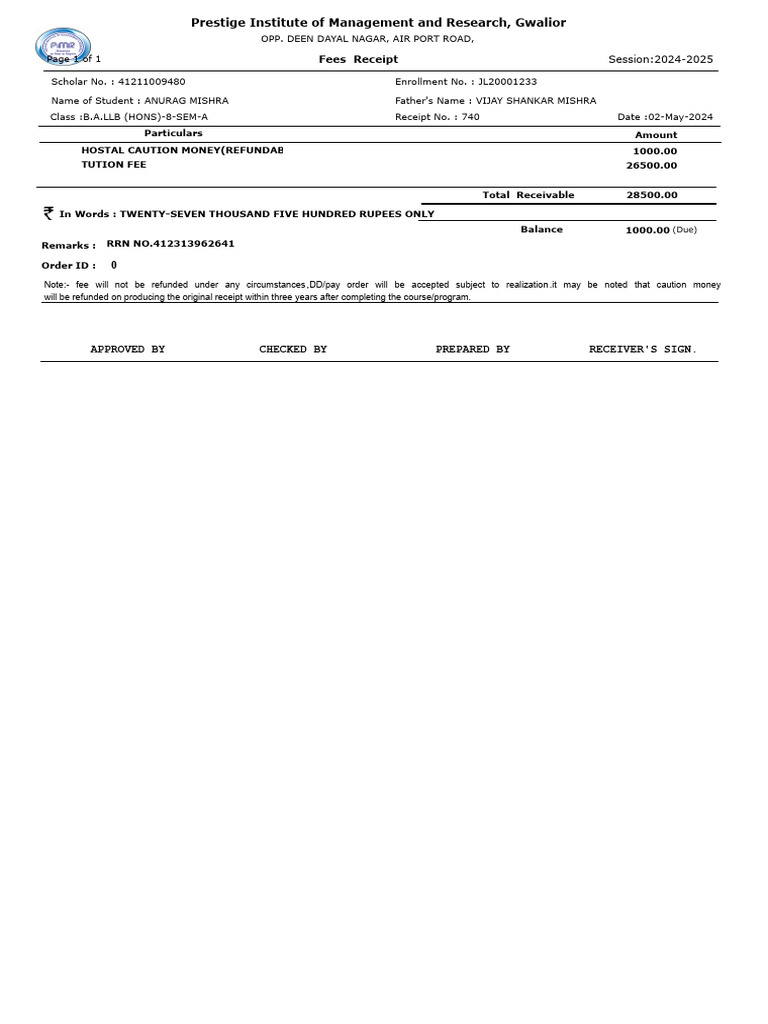 Receiver'S Sign. Prepared by Approved by Checked By: Fees Receipt | PDF