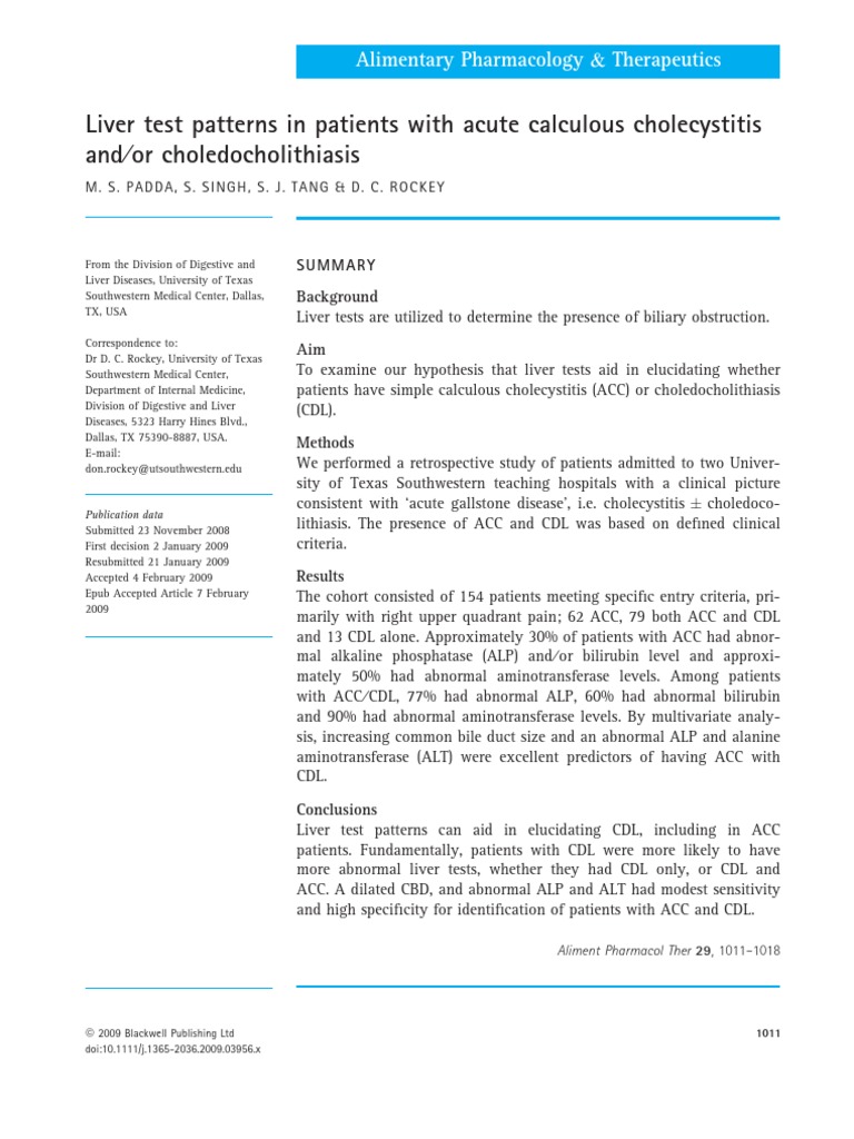 Liver Test Patterns in Patients With Acute Calculous Cholecystitis and ...