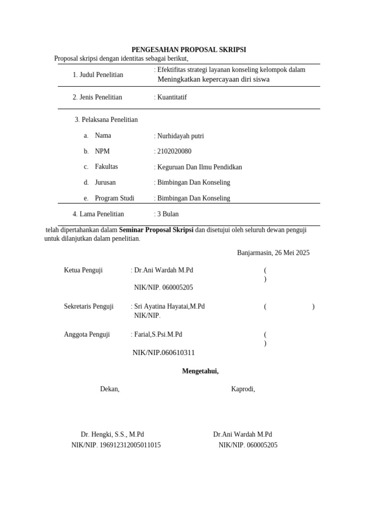Pengesahan Proposal Skripsi | PDF