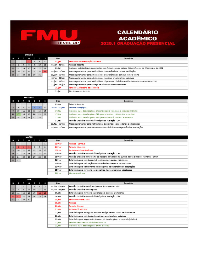Calendario Academico Graduacao Presencial Fmu 2025 1 v002 | PDF