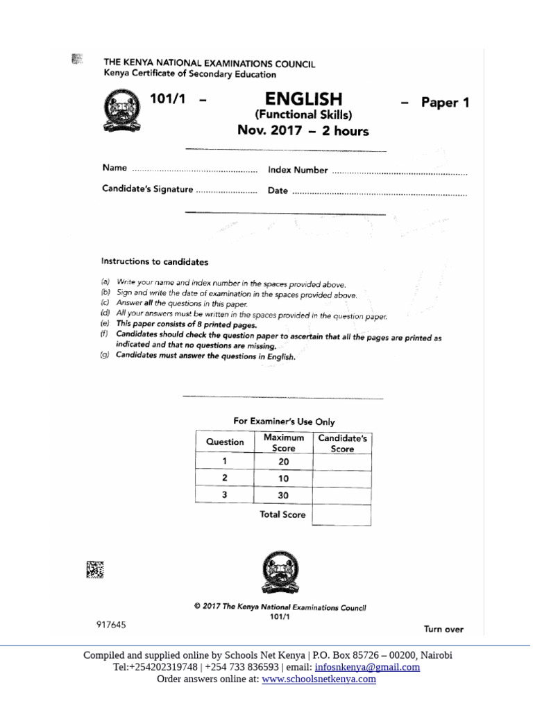 English pp1 Kcse 2017 Questions Paper | PDF
