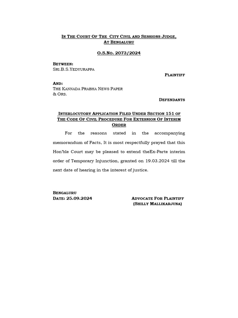 BSY POCSO (OS.2073 of 2024) PDF | PDF | Injunction | Lawsuit