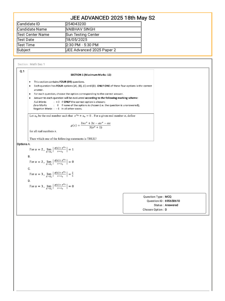 Vaibhav Response Sheet P2 Adv 25 | PDF | Multiple Choice | Evaluation Methods