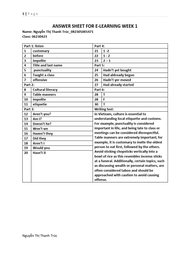 Answer Sheet Week 1 | PDF