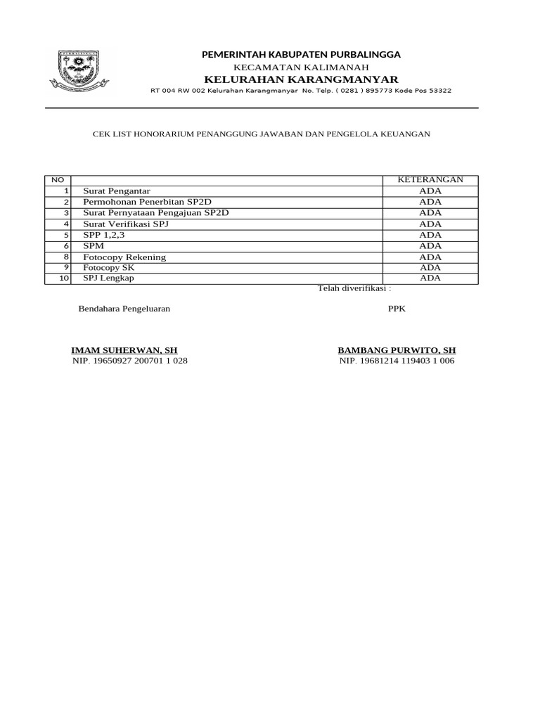Cek List Pengajuan Keuangan Purbalingga | PDF