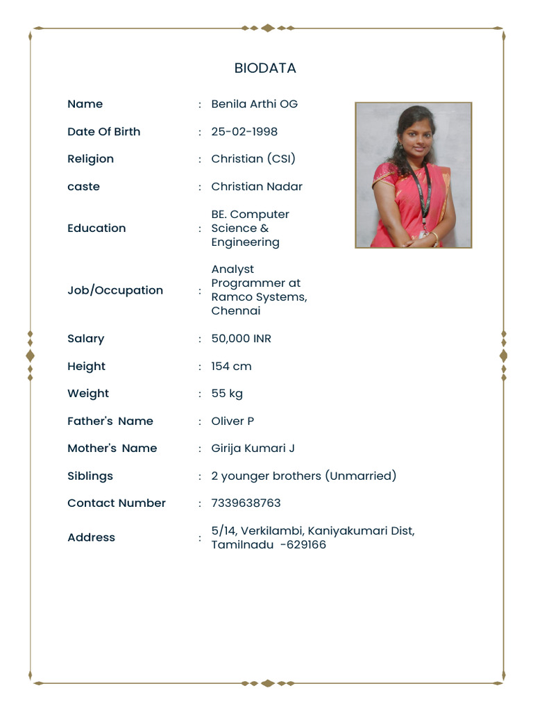 Benila Arthi OG Biodata_1 1 | PDF