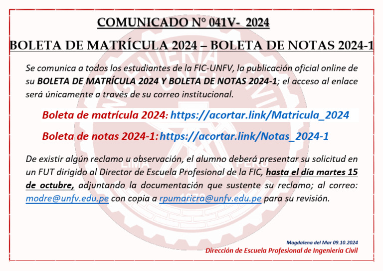 Boleta de Notas UNFV 2024-1 Disponibles | PDF