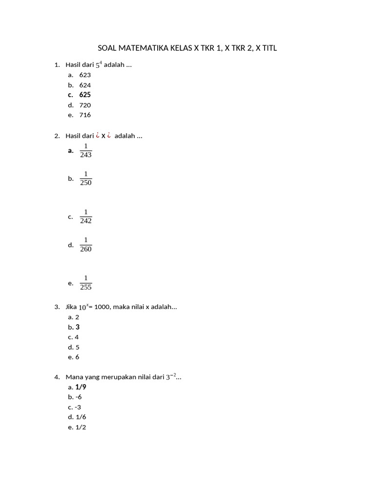 SOAL MATEMATIKA KELAS X TKR 1,2, Titll (Genap) | PDF