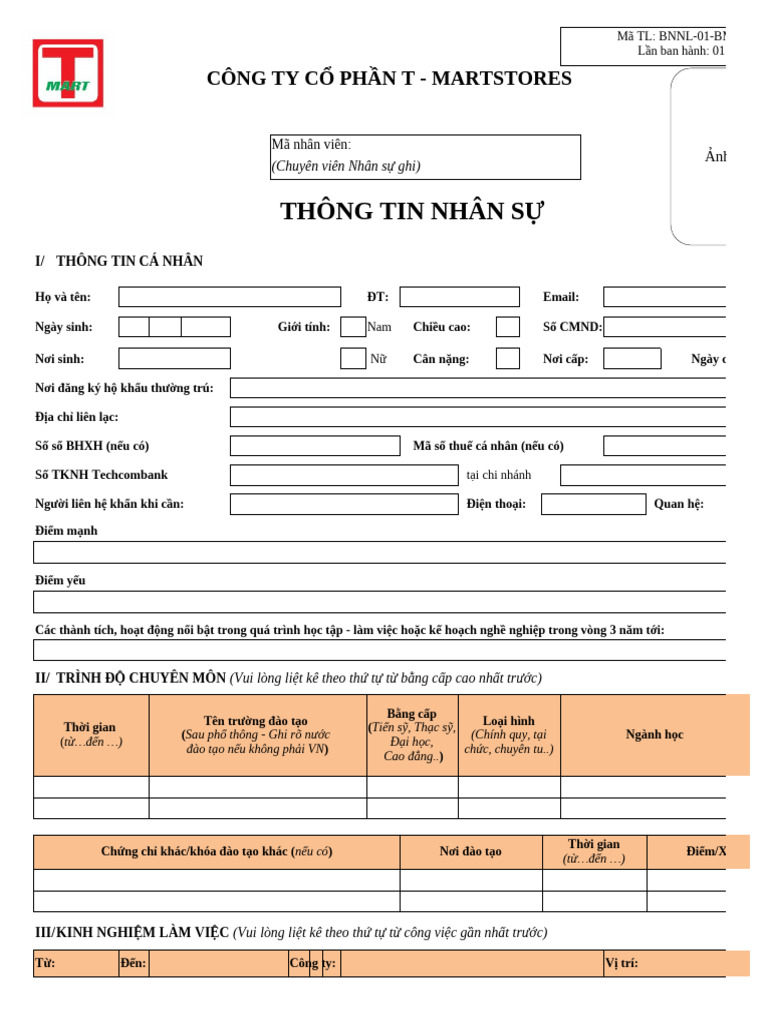 BNNL-01-BM04. Thông Tin Nhân S | PDF