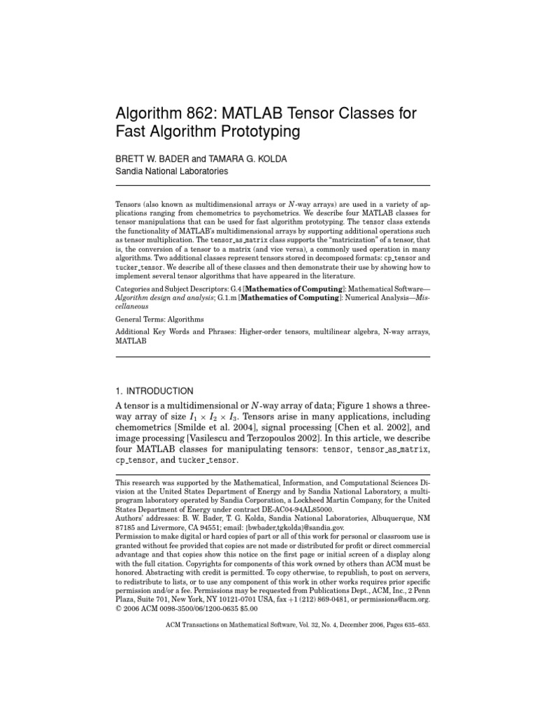 Matlab Tensor Class Brett W. Bader and Tamara G. Kolda | PDF | Tensor | Matrix (Mathematics)