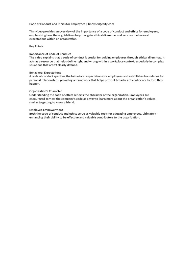 Code of Conduct and Ethics For Employees | PDF