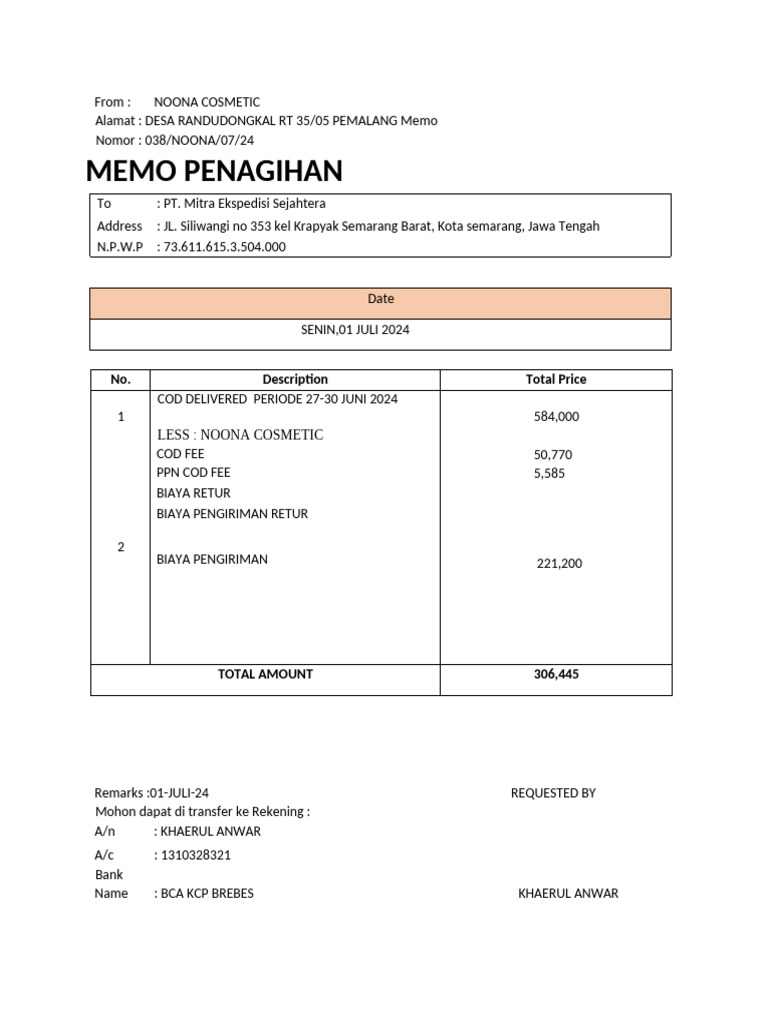 Memo Penagihan Noona Cosmetic 01 Juli | PDF