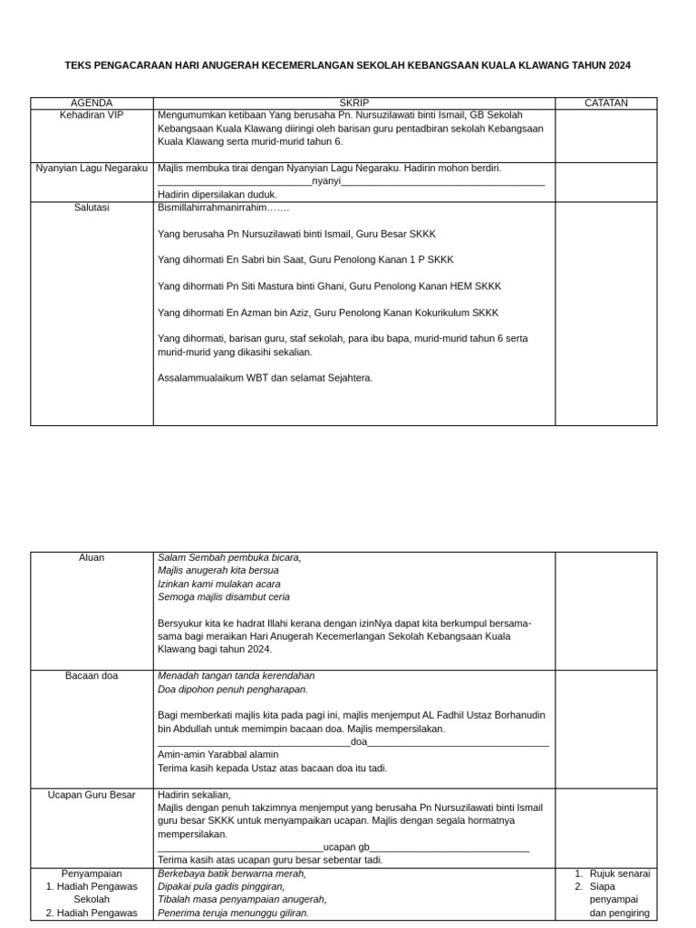 TEKS PENGACARAAN HARI ISNIN ANUGERAH KECEMERLANGAN 2024 | PDF