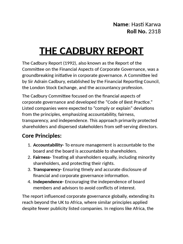 Cadbury Report 1992: Corporate Governance | PDF | Corporate Governance ...