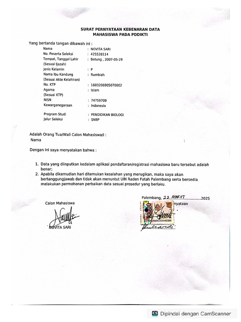 Surat Pernyataan Kebenaran Data Mahasiswa Pada Pddikti | PDF