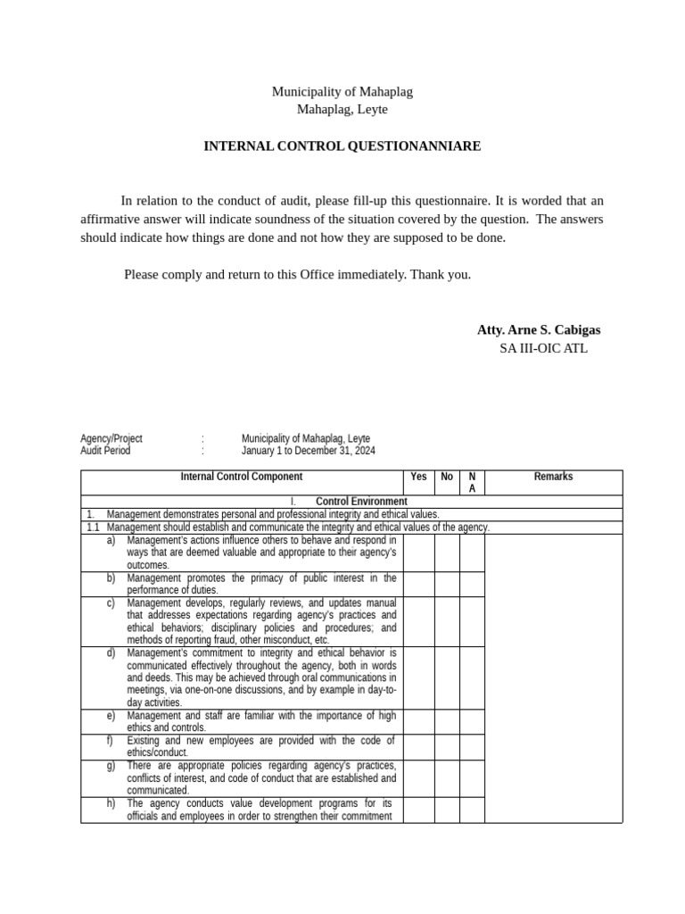 ICQ Mahaplag Municipal Accountant | PDF | Internal Control | Risk
