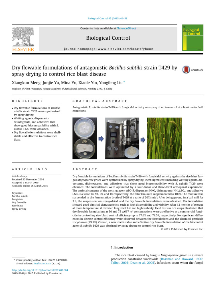 Dry Flowable Formulations of Antagonistic B Subtilis T429 by Spray ...
