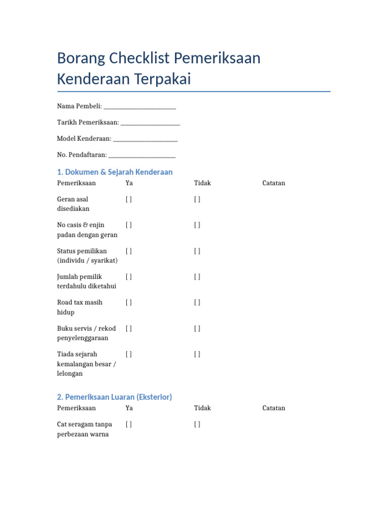 Borang Checklist Kenderaan Terpakai | PDF