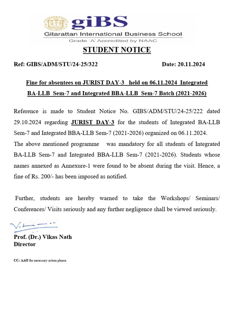 322-Fine For Absentee On Jurist Day 3 Int Ballb 7 and Int Bba LLB Sem7a ...