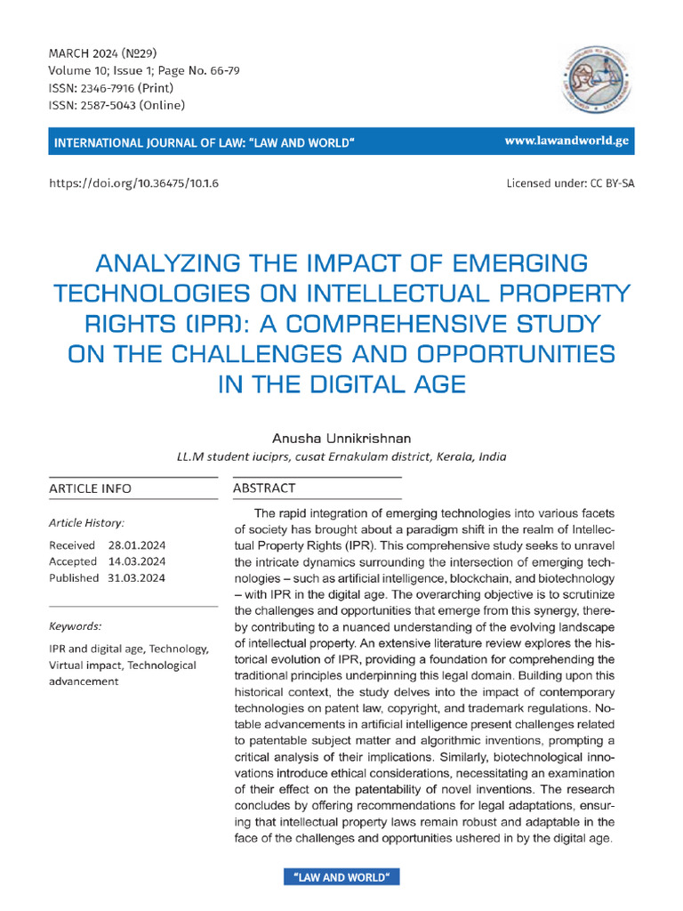 Analyzing The Impact of Emerging Technologies On Intellectual Property Rights (Ipr) - A ...