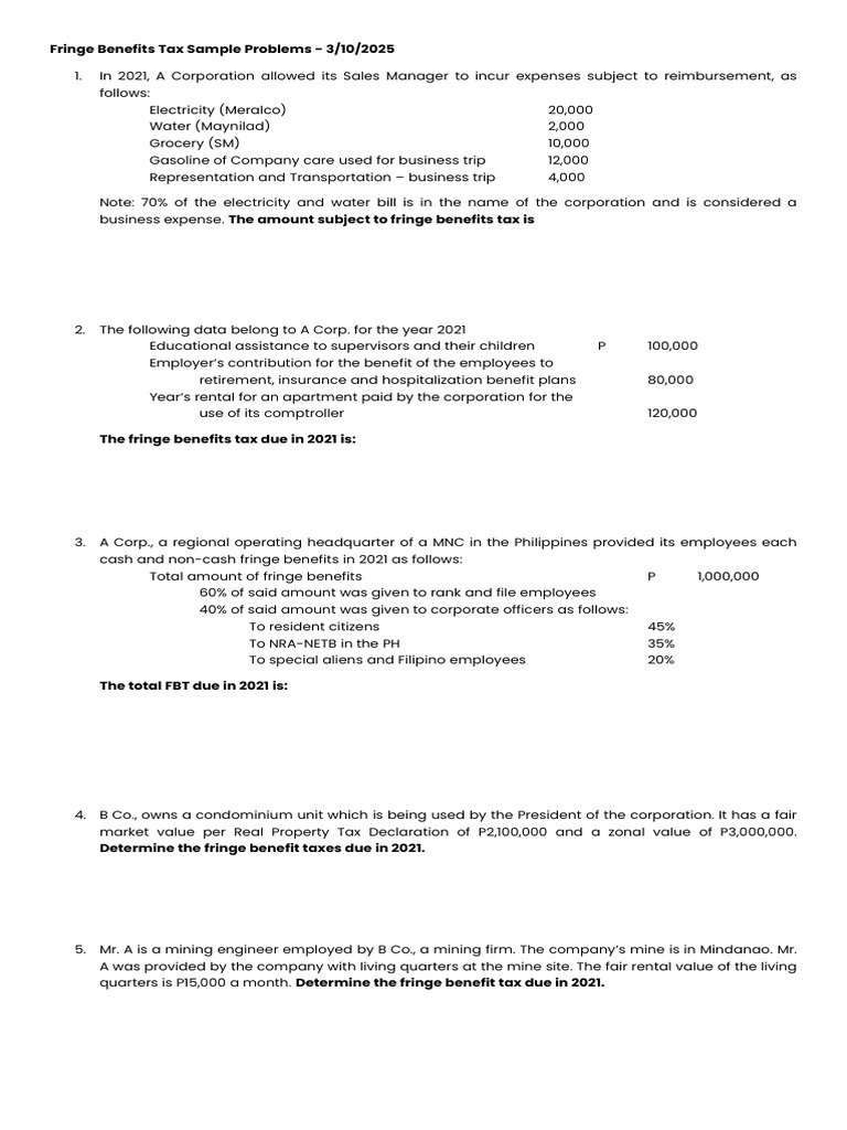 Fringe Benefits Tax Calculation Examples | PDF | Employee Benefits | Taxes