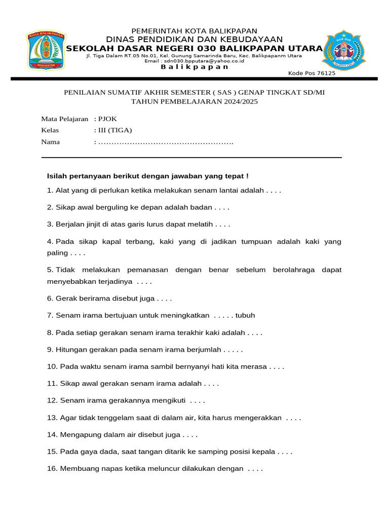 SAS 2 KELAS 3_PJOK | PDF