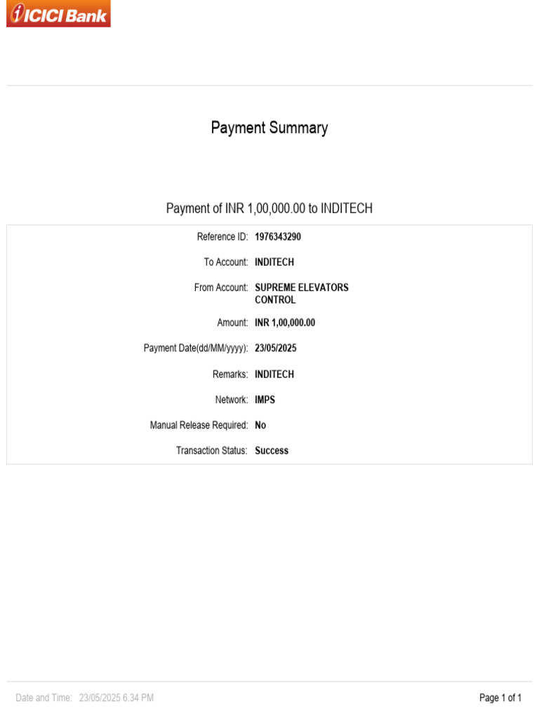 Payment Summary: Payment of INR 1,00,000.00 To INDITECH | PDF